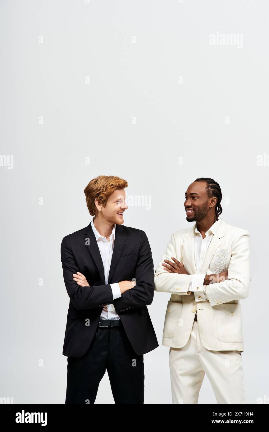 Two handsome men in suits pose elegantly together Stock Photo - Alamy