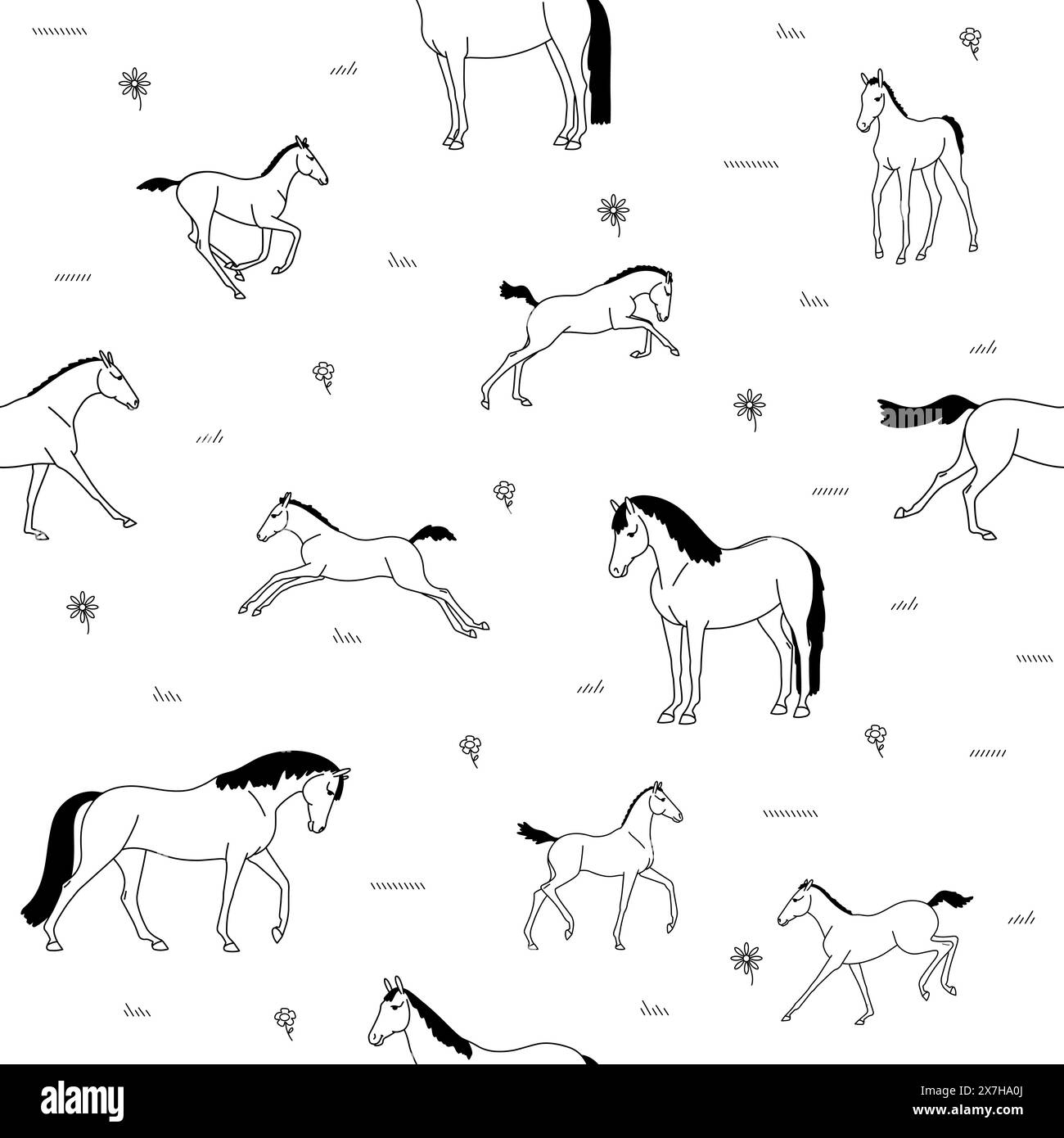 Vector seamless pattern, mares with foals in a meadow Stock Vector ...