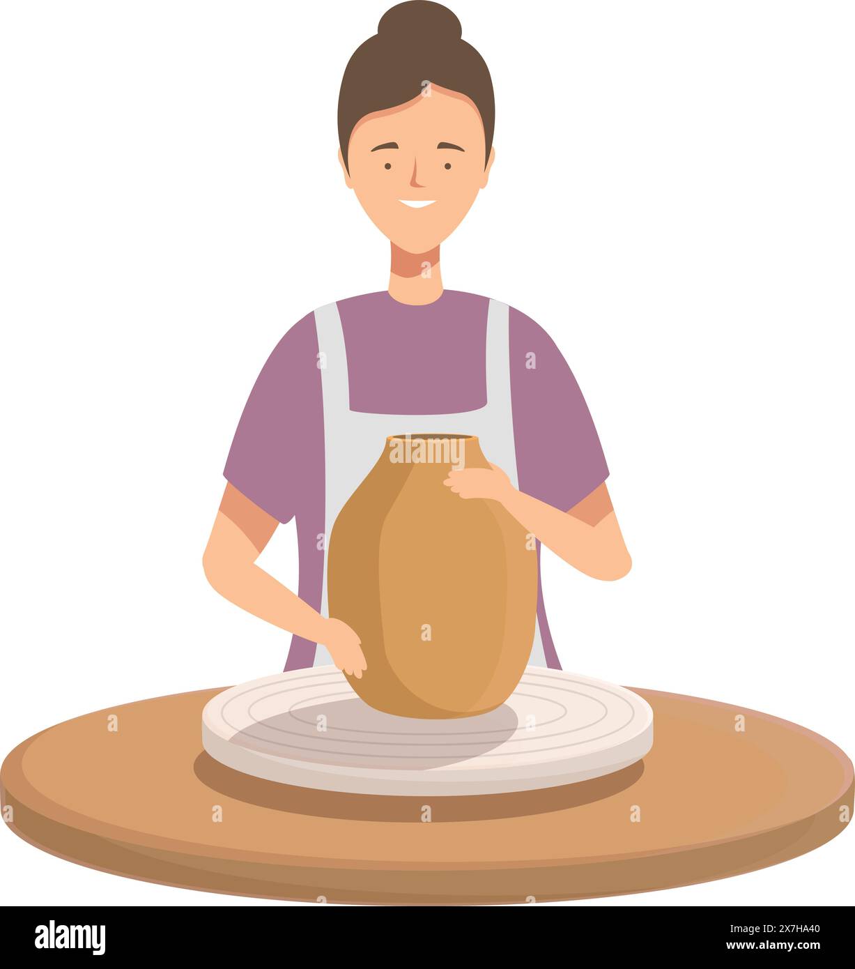 Illustration of a smiling woman crafting pottery on a spinning wheel, showcasing artistic ...