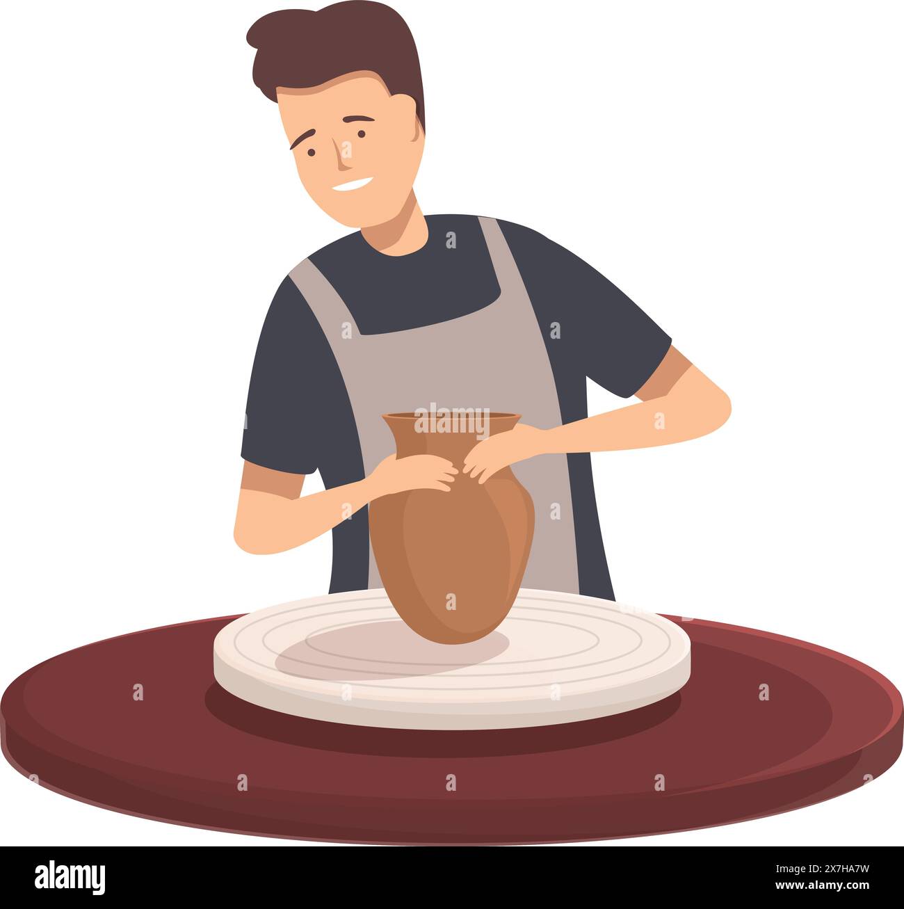 Skilled artist forming a pottery vase on a spinning wheel with focus ...