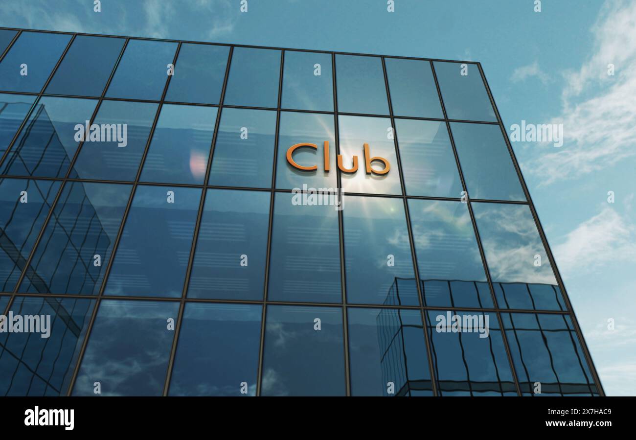 Club glass building concept. Party symbol on front facade 3d ...