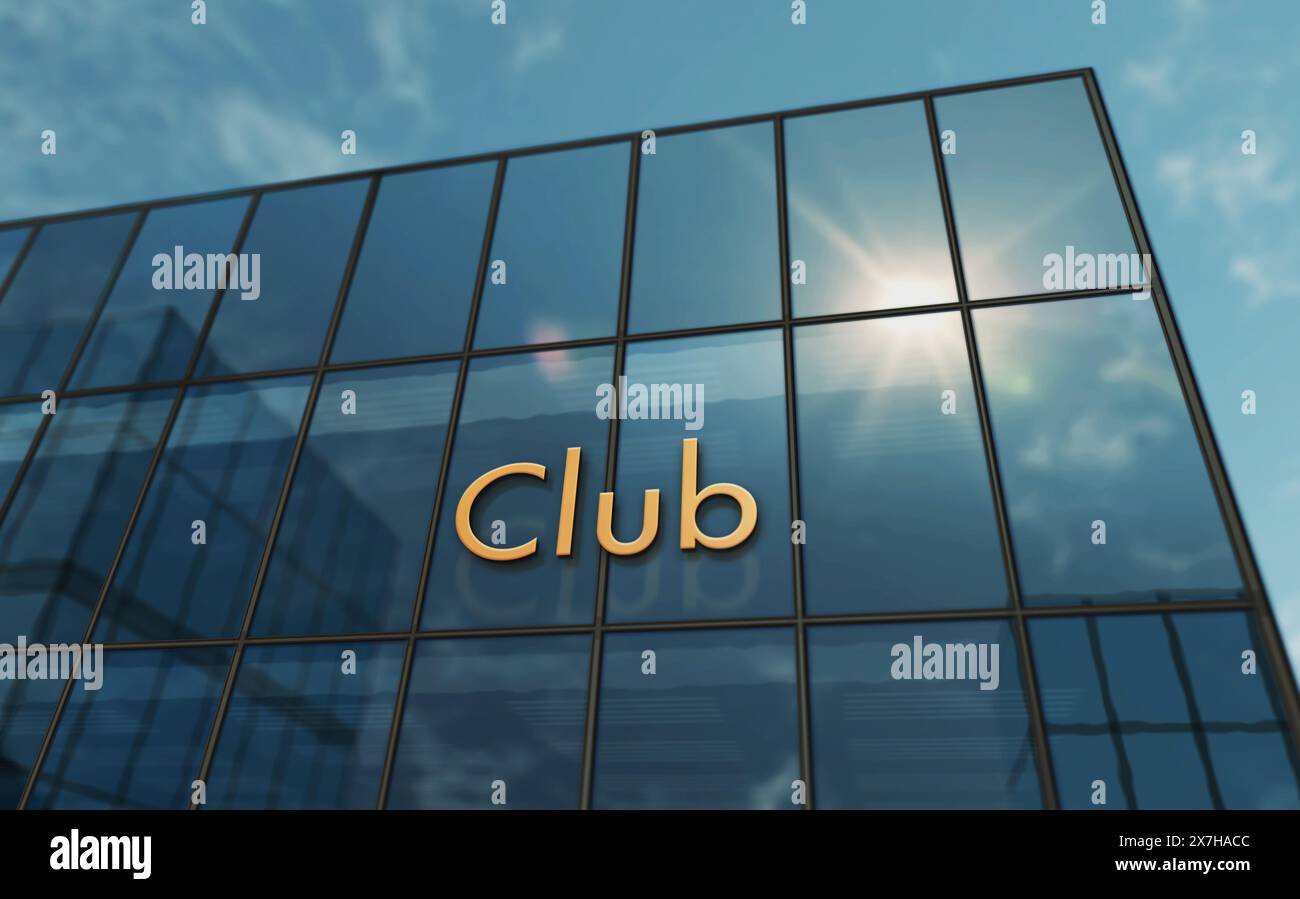 Club glass building concept. Party symbol on front facade 3d ...