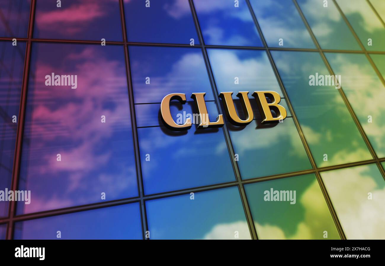 Club glass building concept. Party symbol on front facade 3d ...