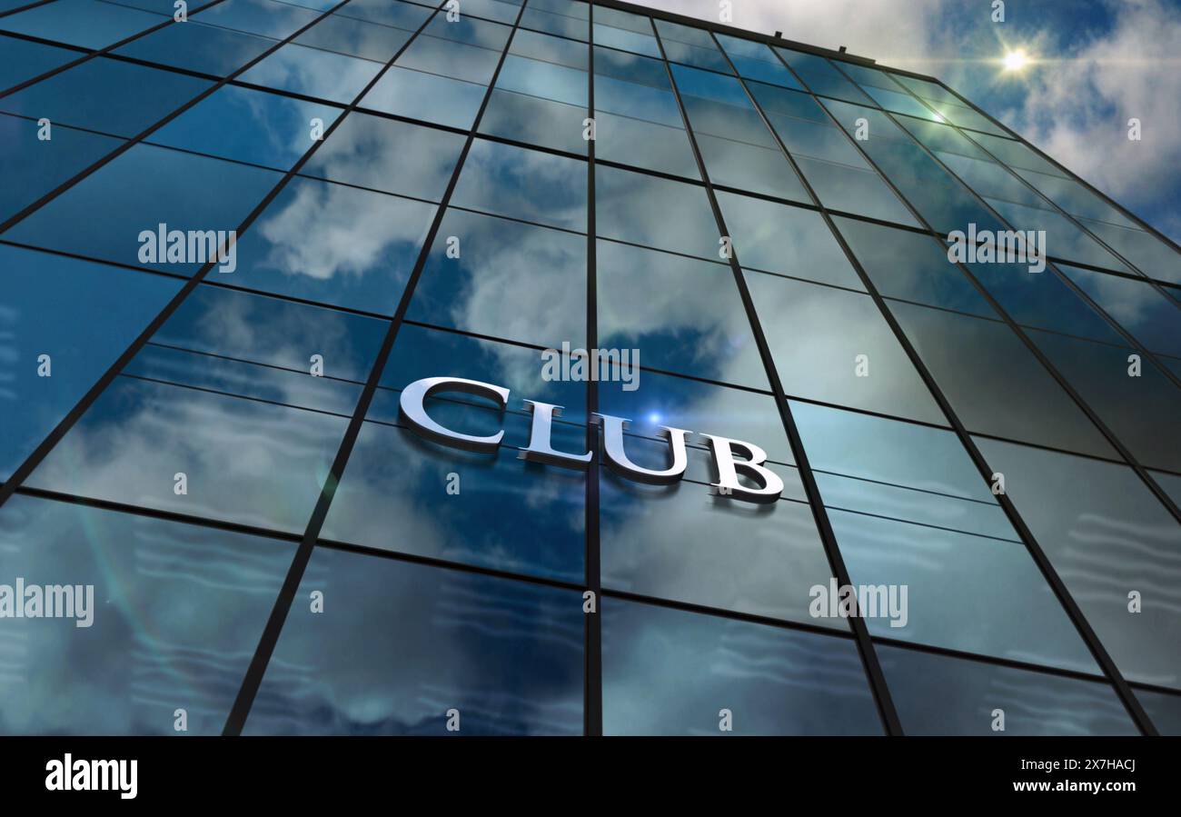 Club glass building concept. Party symbol on front facade 3d ...
