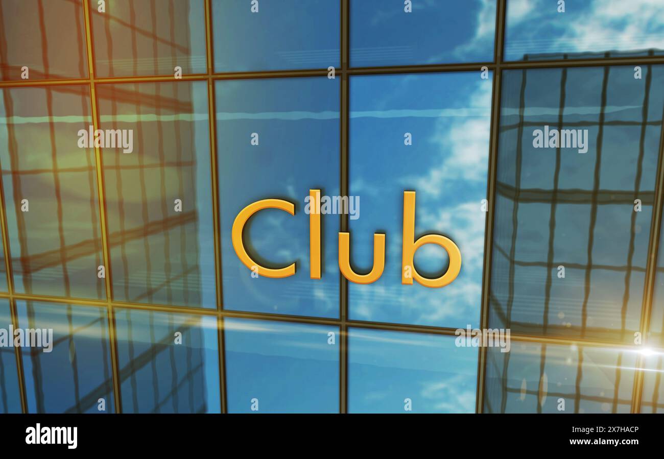 Club glass building concept. Party symbol on front facade 3d ...