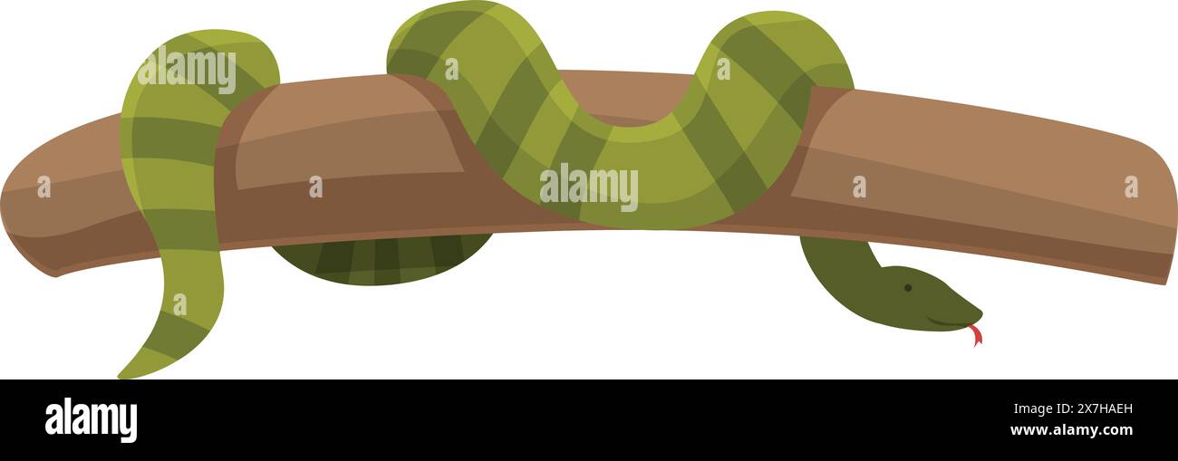 Playful illustration of a green cartoon snake resting on a brown tree ...