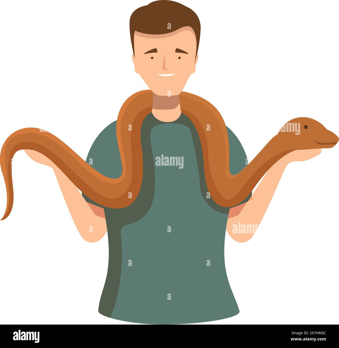Cheerful illustrated man with a friendly cartoon snake draped over his ...