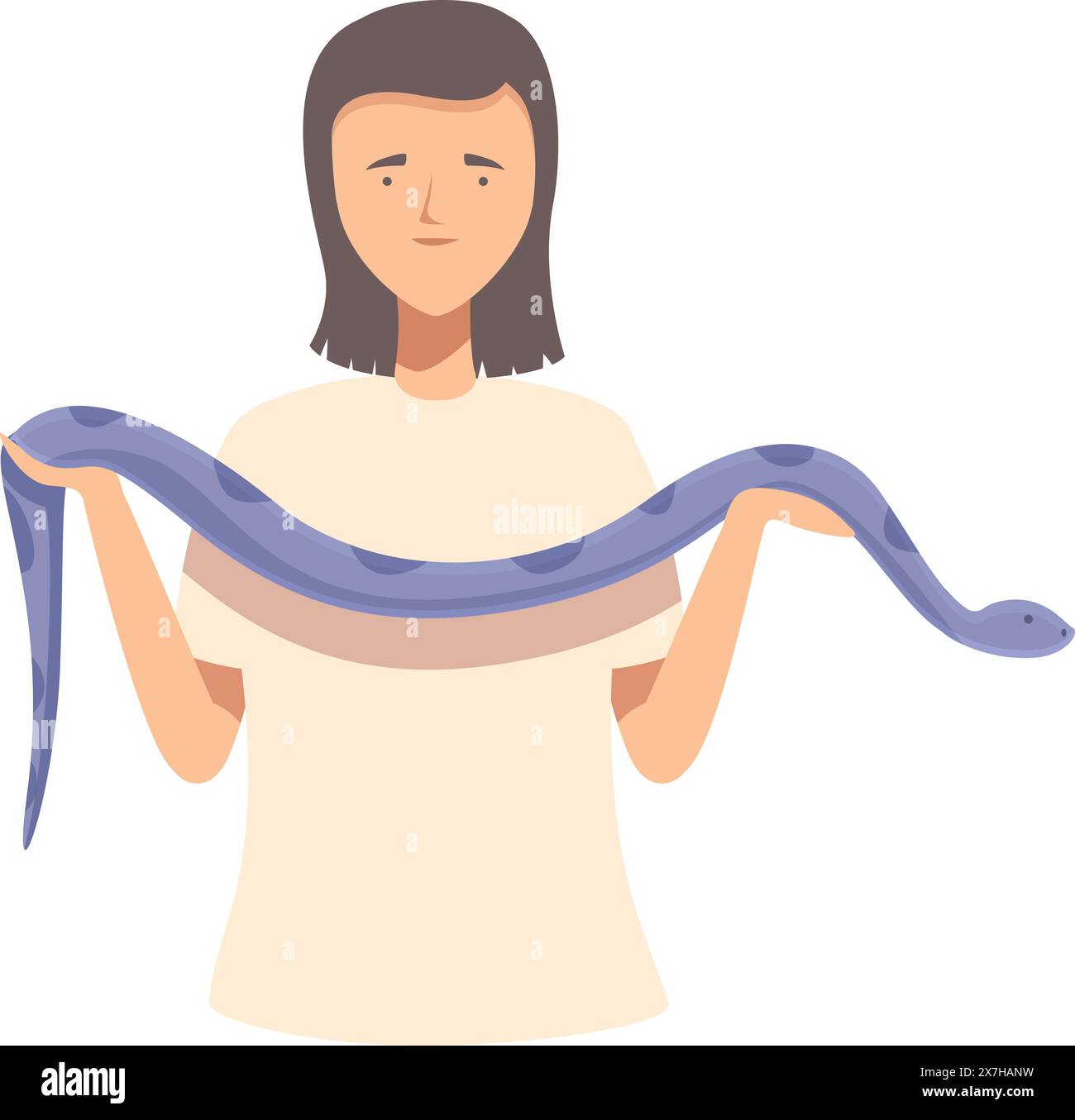 Serene image of a cartoon woman carefully holding a long, blue snake ...