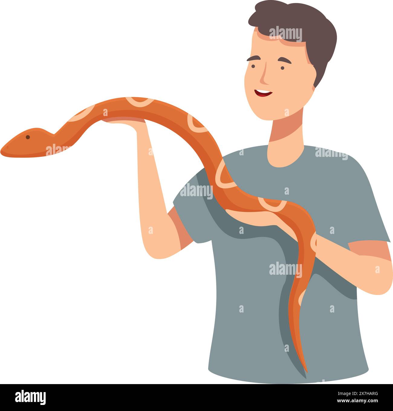 Cheerful young man proudly displays his friendly orange pet snake ...