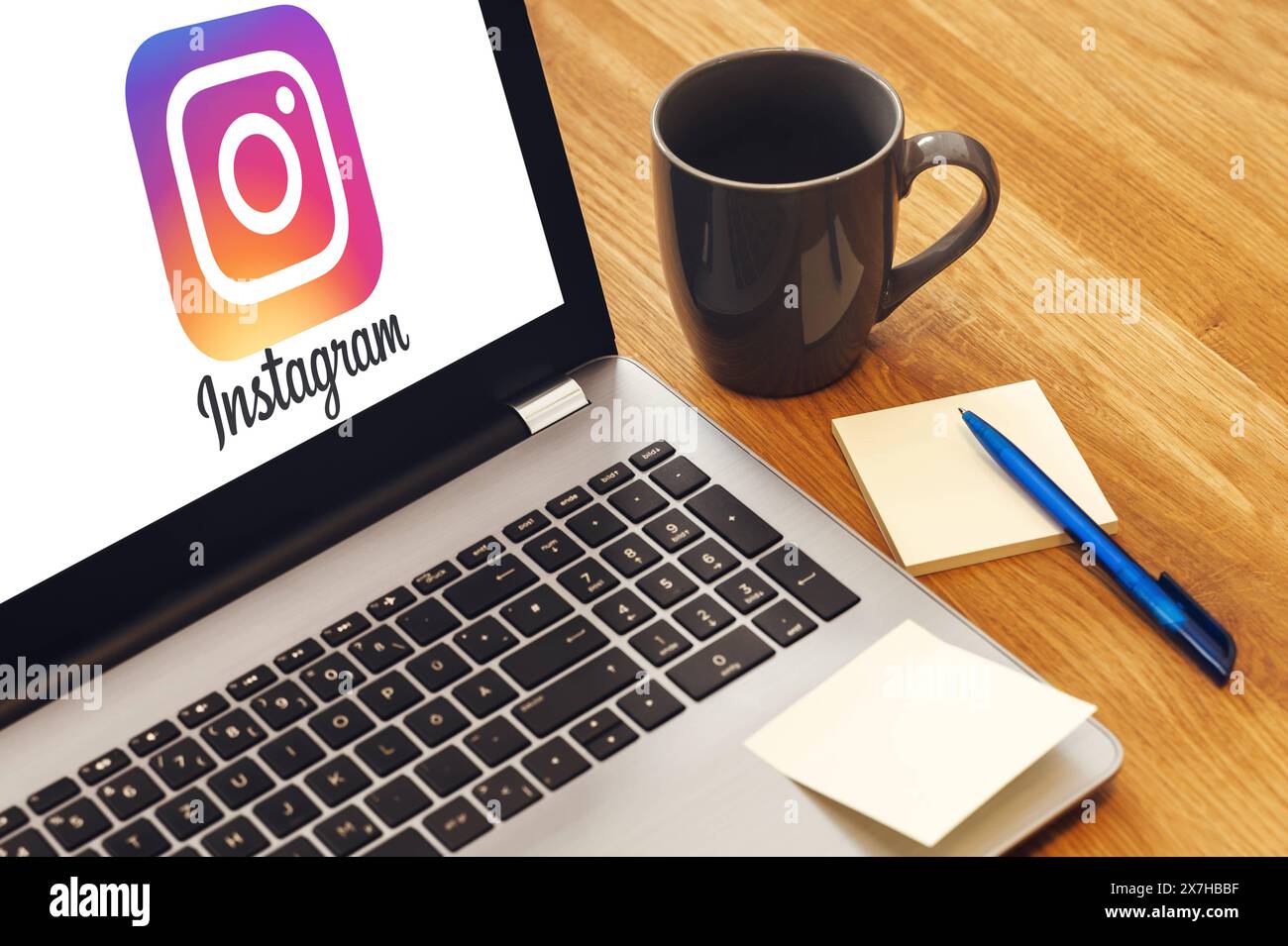 20 May 2024: Laptop computer on desk with the Instagram logo on the ...