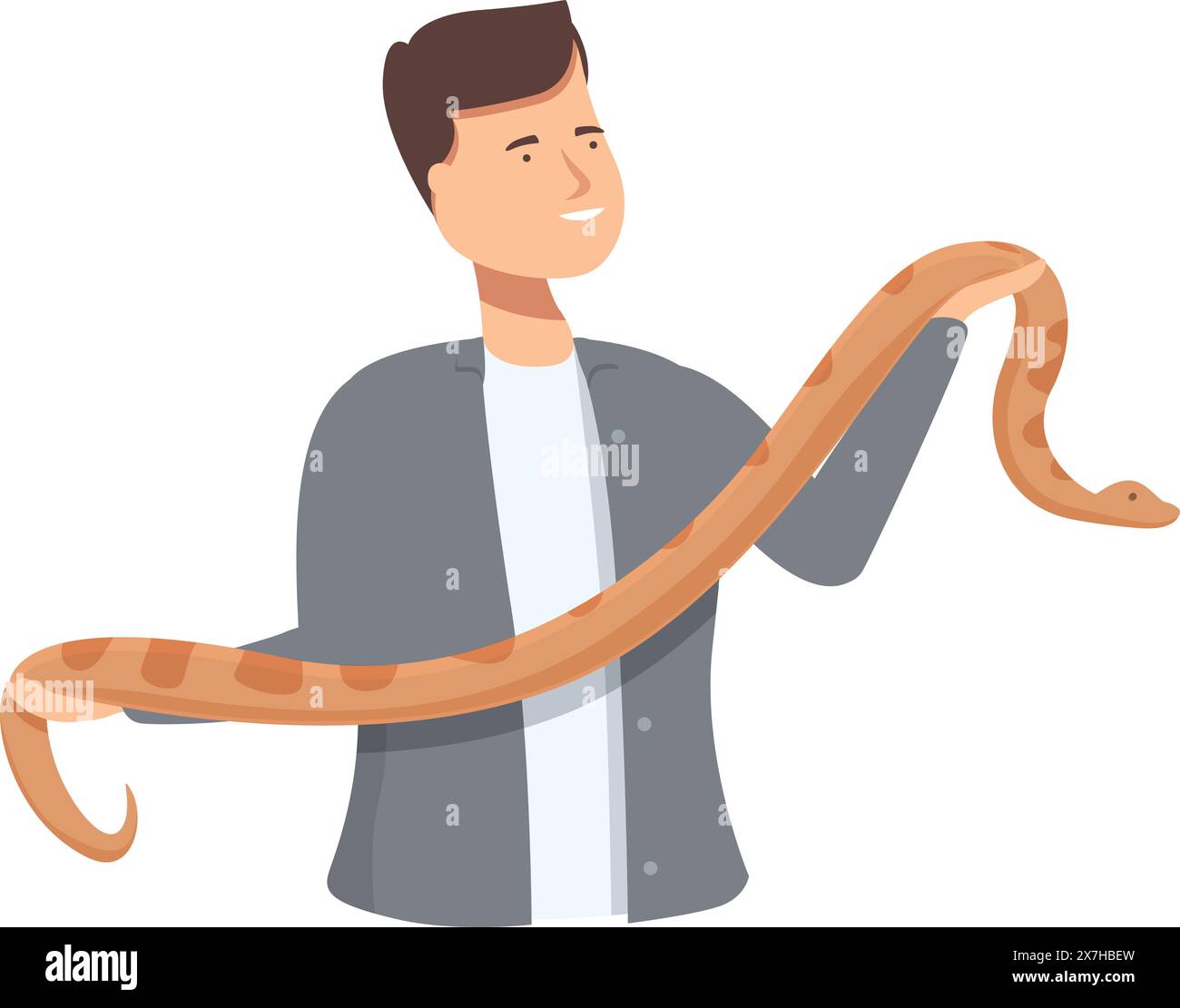 Vector illustration of a smiling man casually holding a pet snake on ...