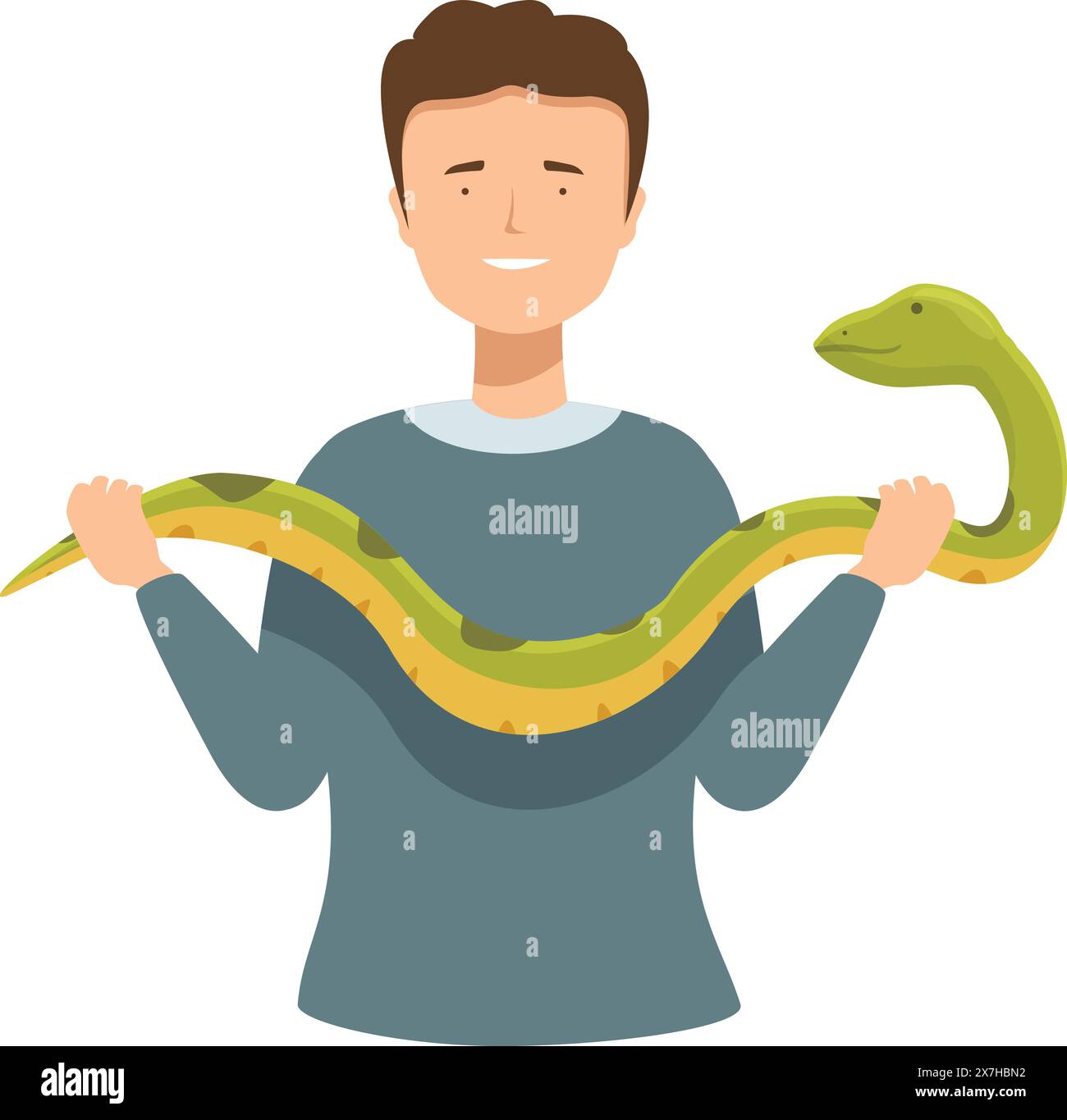 Cheerful animated man smiling while comfortably holding a long green ...