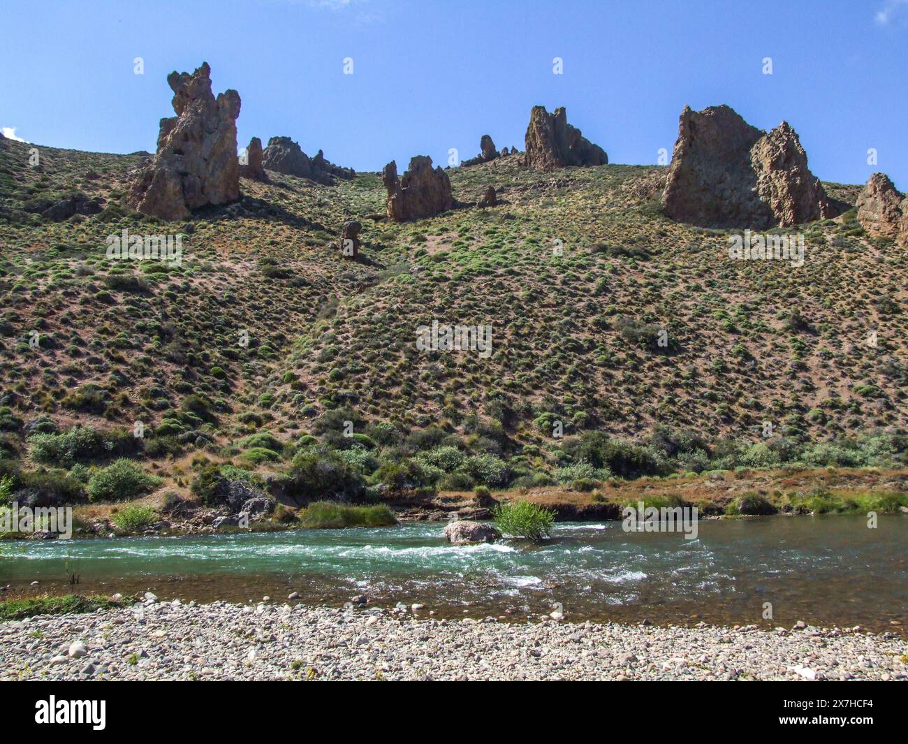 Rock formations along the Pichileufu River near Bariloche in northern ...