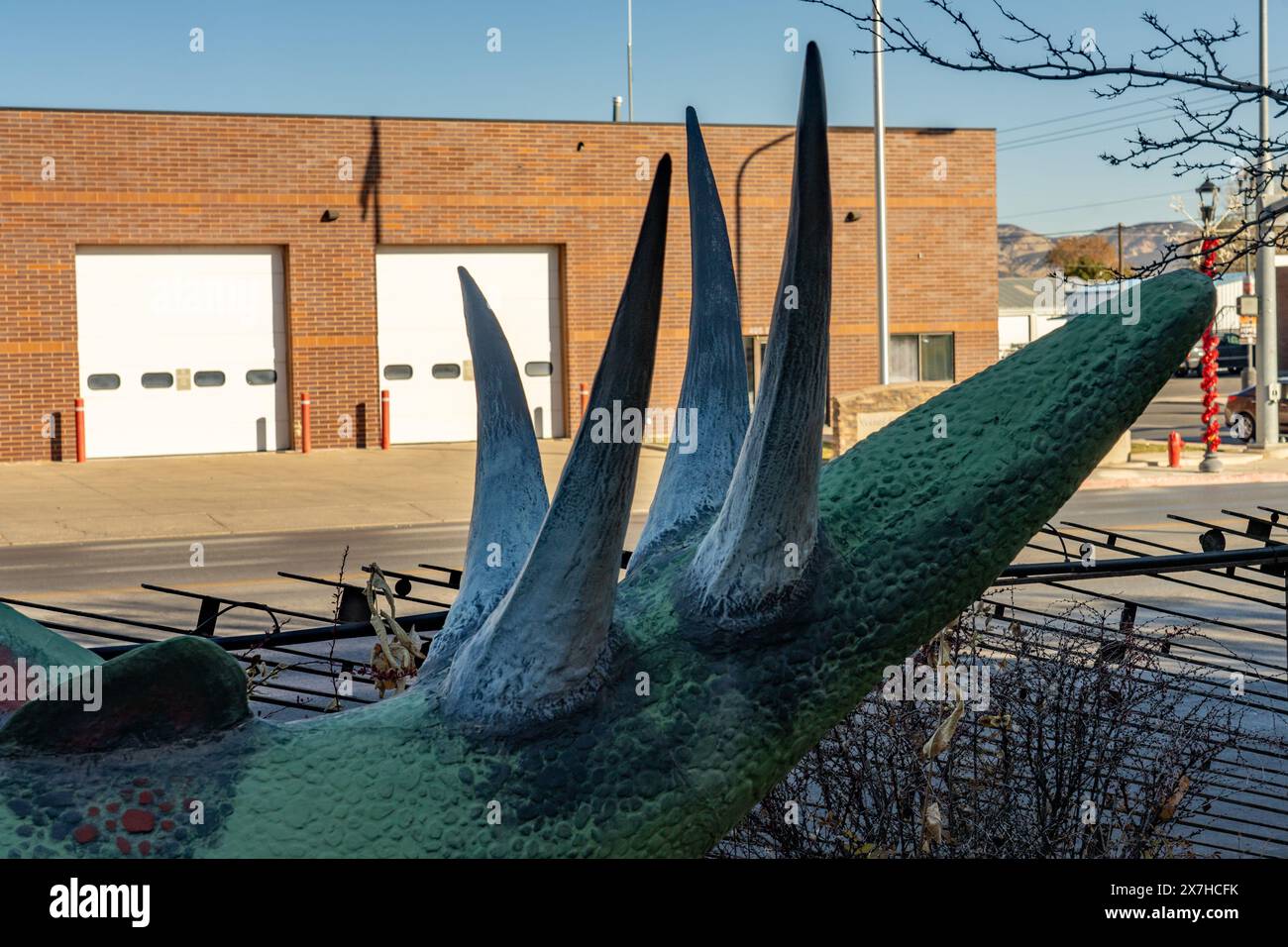 Detail of the spikes of a stegosaurus tail in the Dinosaur Garden. Utah ...
