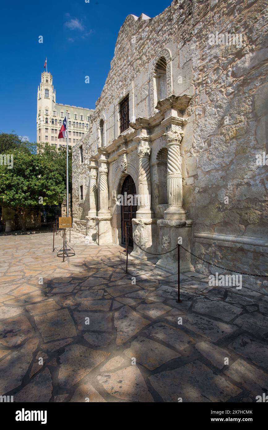 The historic Alamo in the Alamo Plaza with the Emily Morgan Hotel ...
