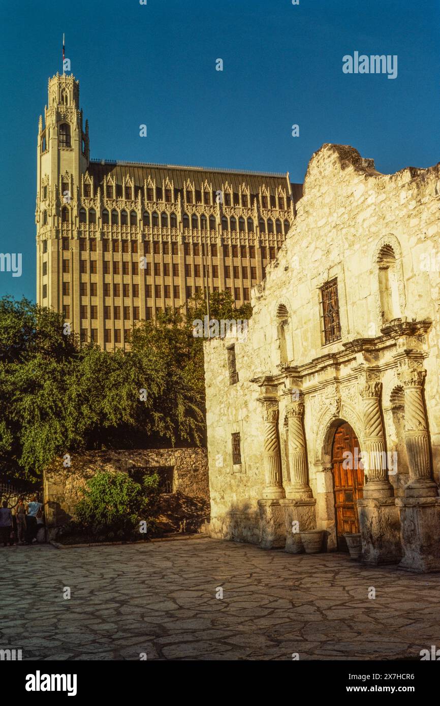 The historic Alamo in the Alamo Plaza with the Emily Morgan Hotel ...