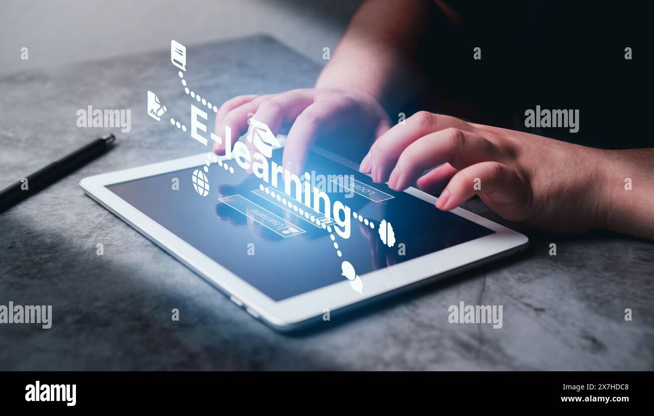 Woman use digital tablet for online education. Distance education ...