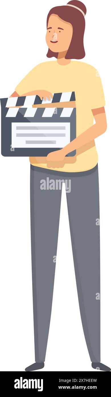 Illustration Of A Young Adult Female Assistant Holding A Clapperboard On A Film Production Set