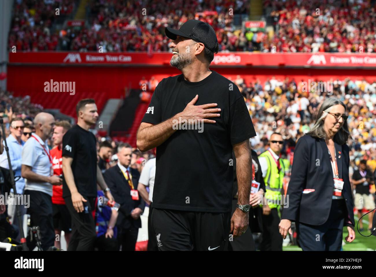 Jürgen Klopp Manager of Liverpool takes his seat in the dugout for the ...
