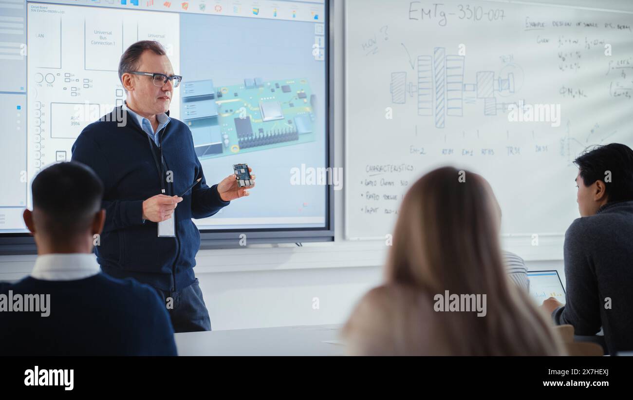 Male Professor Uses Interactive Whiteboard and Explains to Diverse ...