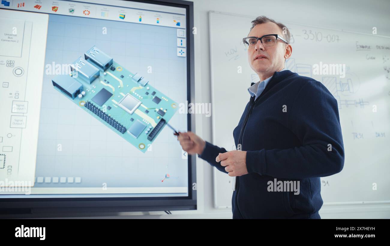 Male Teacher Uses Digital Interactive Whiteboard, Talks to Students and ...