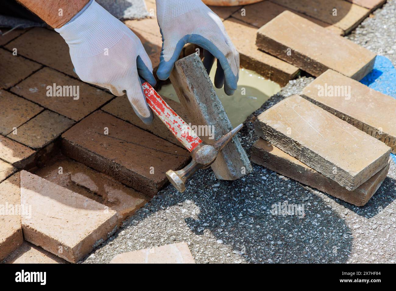Reconstruction destroyed brick path is replacement broken part of ...