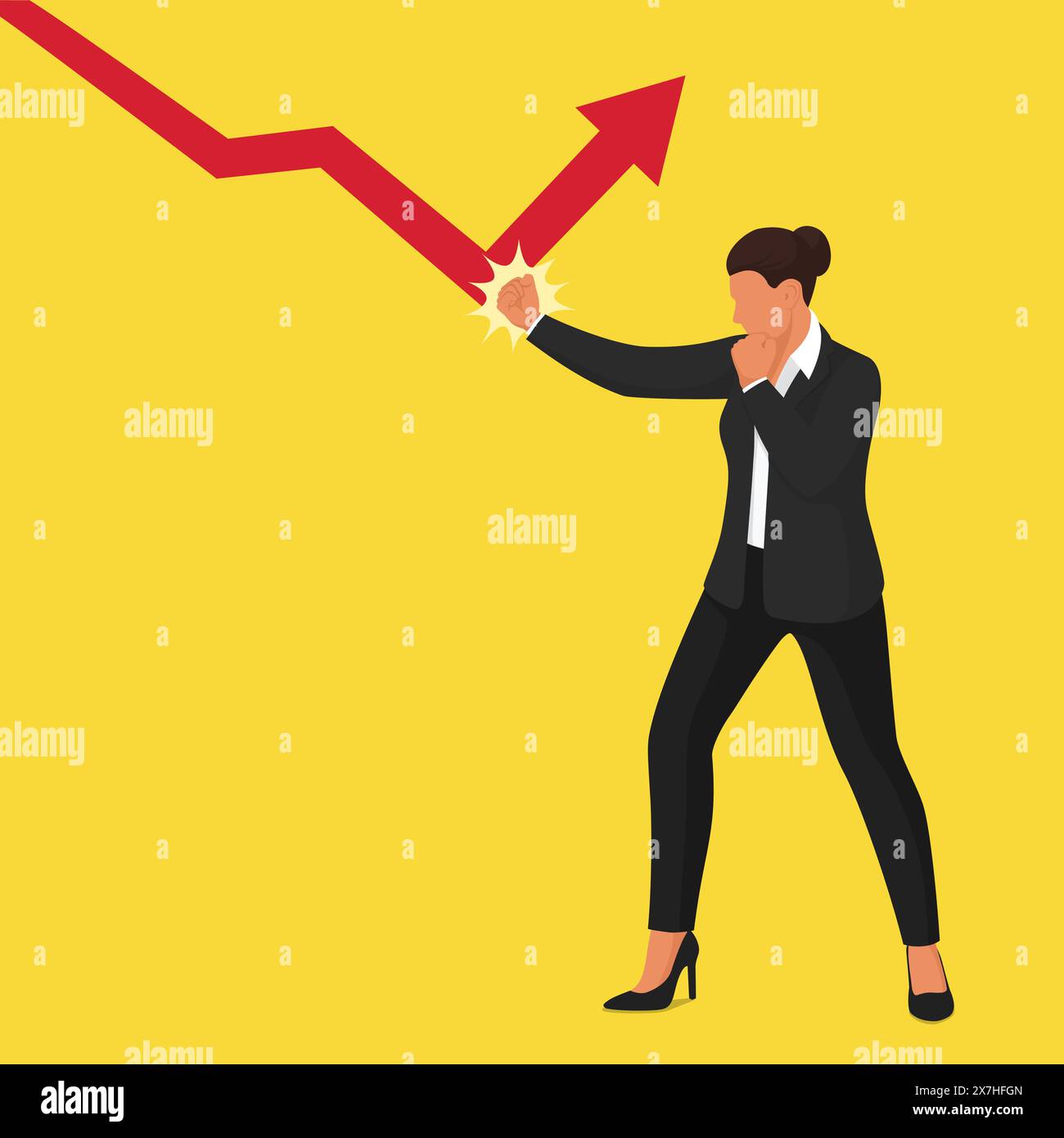 Corporate businesswoman punching an arrow in a financial chart and ...