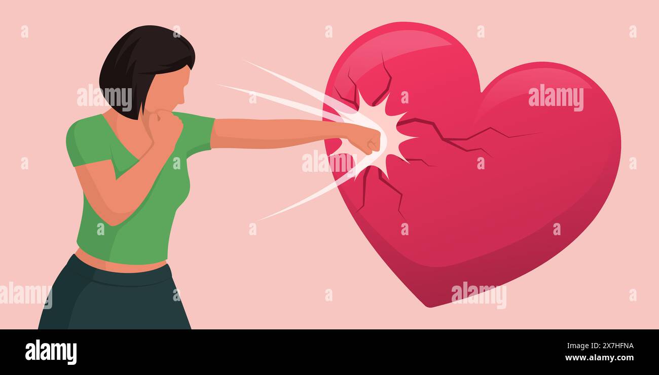 Angry strong woman punching a heart, relationships and feelings concept ...