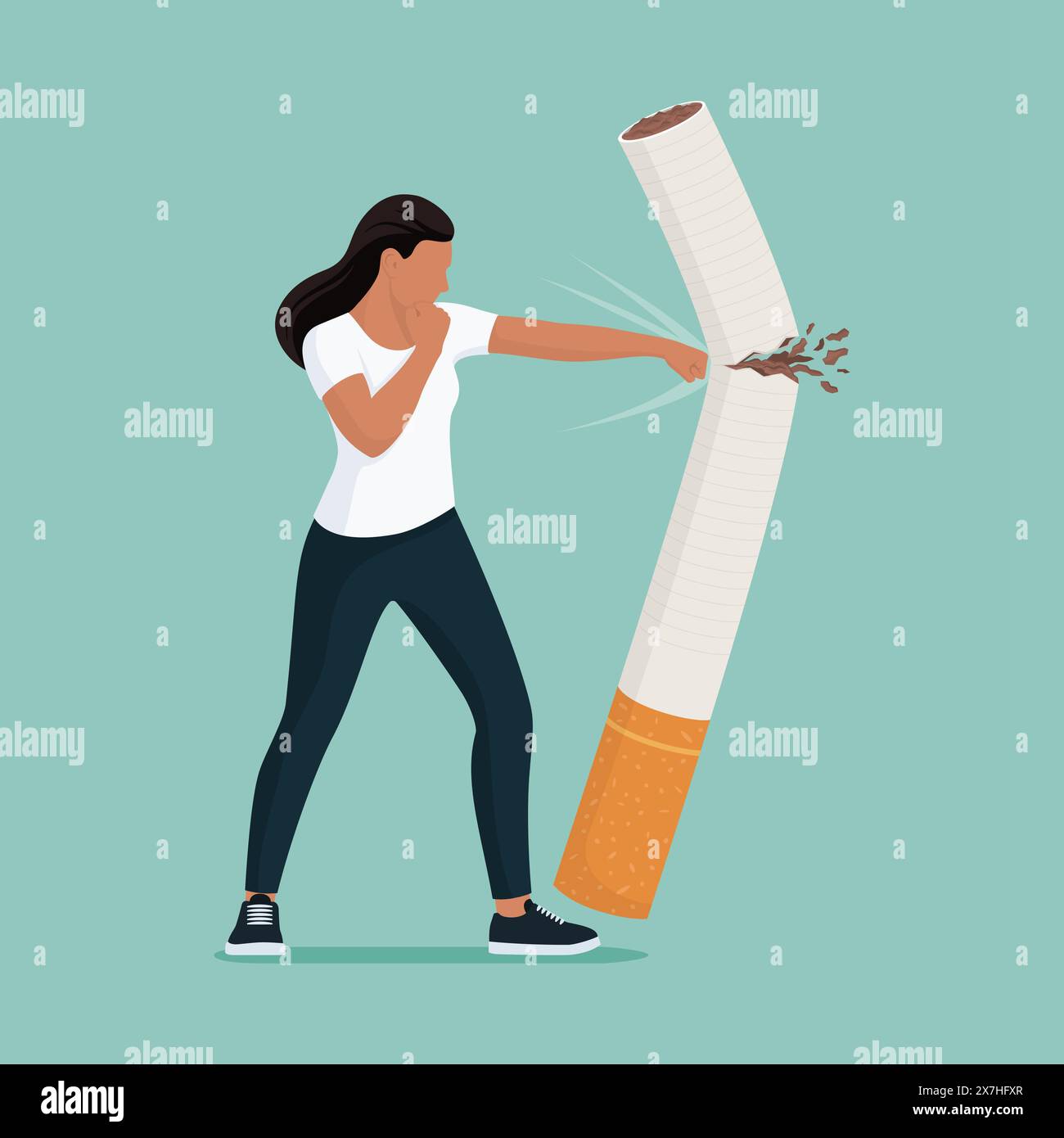 Strong woman punching a cigarette and fighting smoke addiction Stock ...