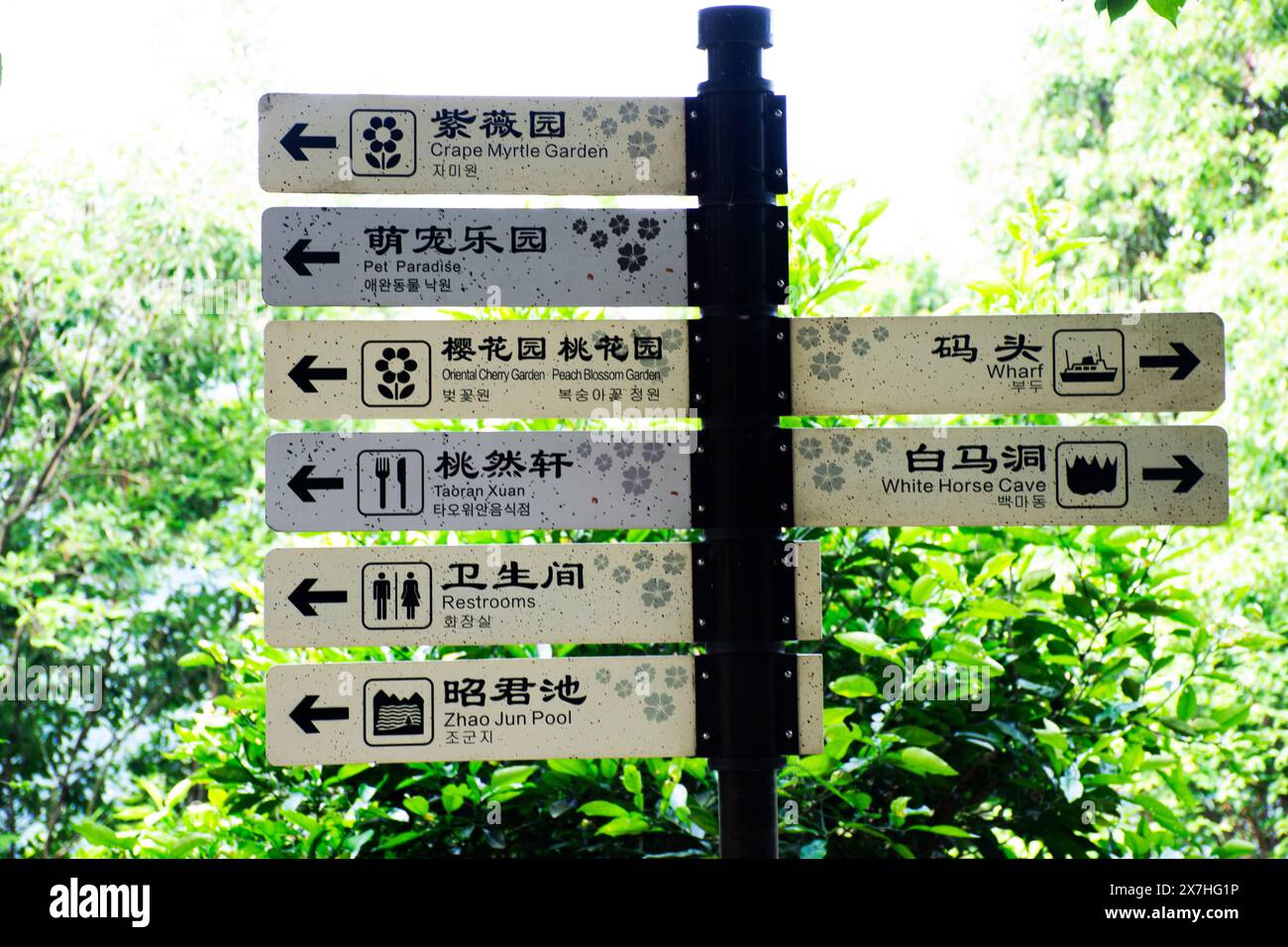 Direction guide wooden signpost in garden park of Xiling gorge ...