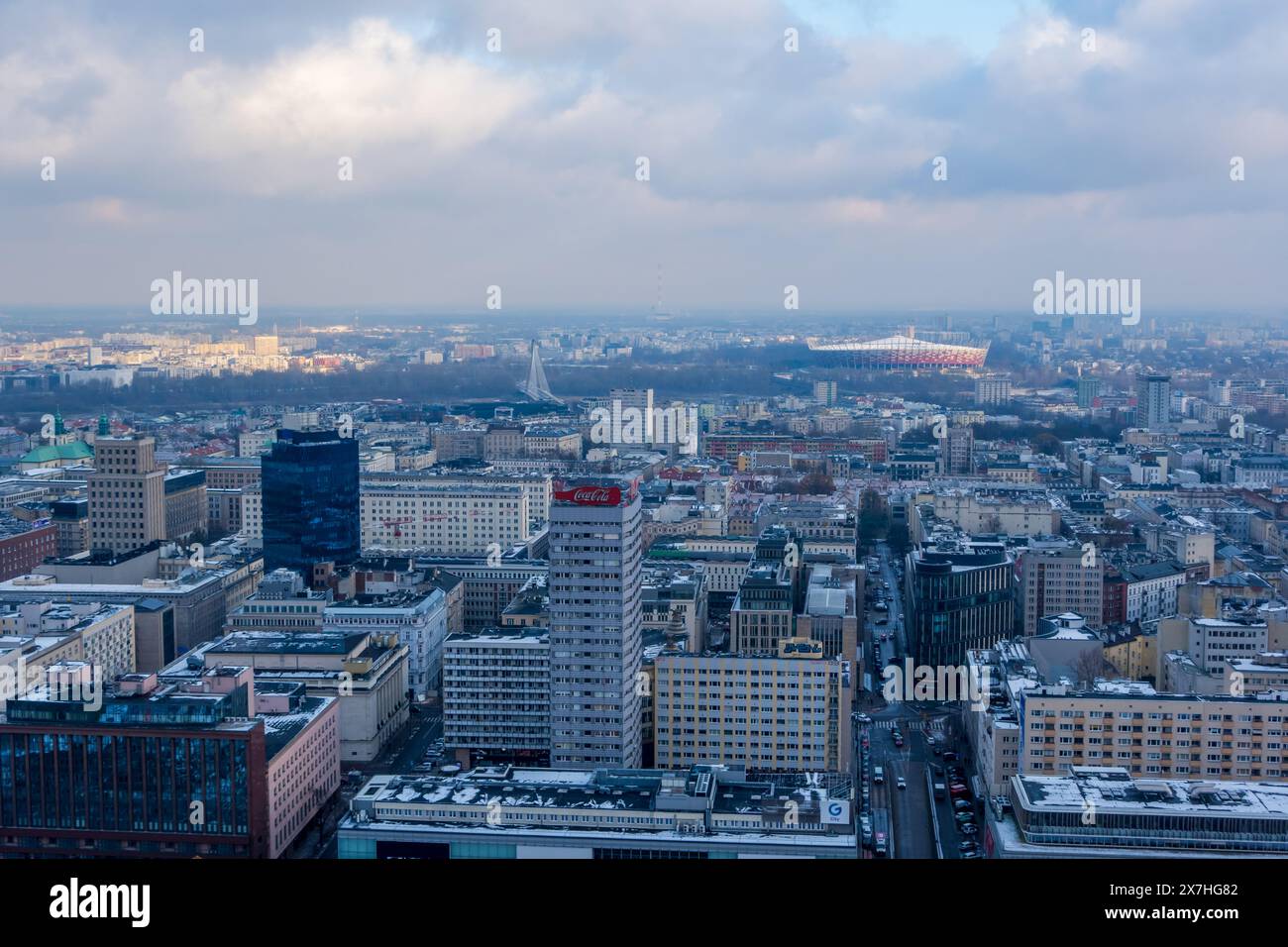 Panoramic view of modern buildings in central Warsaw, Poland seen from ...
