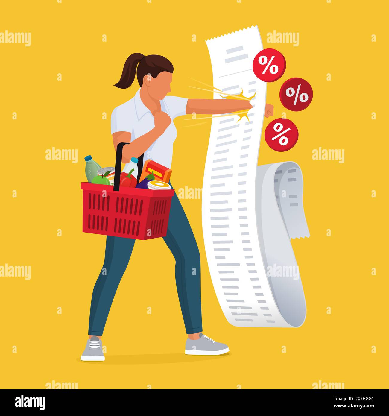 Woman holding a shopping basket full of groceries and breaking a long ...