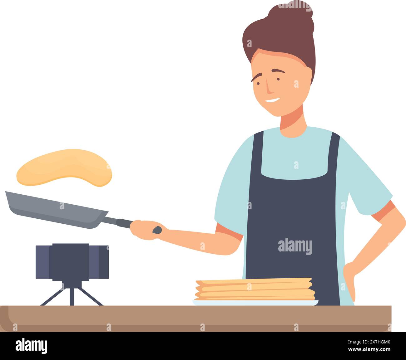 Illustration of a smiling woman expertly flipping pancakes in her ...