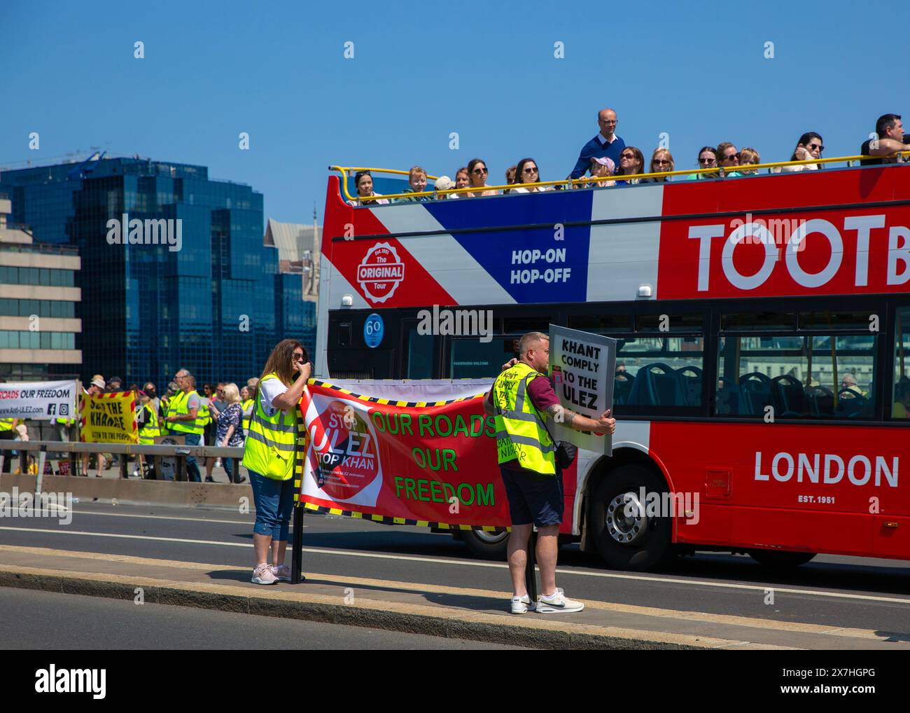 Banners and placards are seen as participants gather for an anti-ULEZ ...