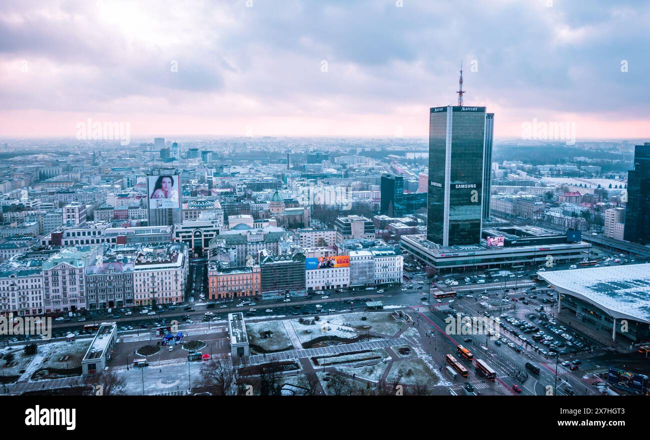 Panoramic view of modern buildings in central Warsaw, Poland seen from ...
