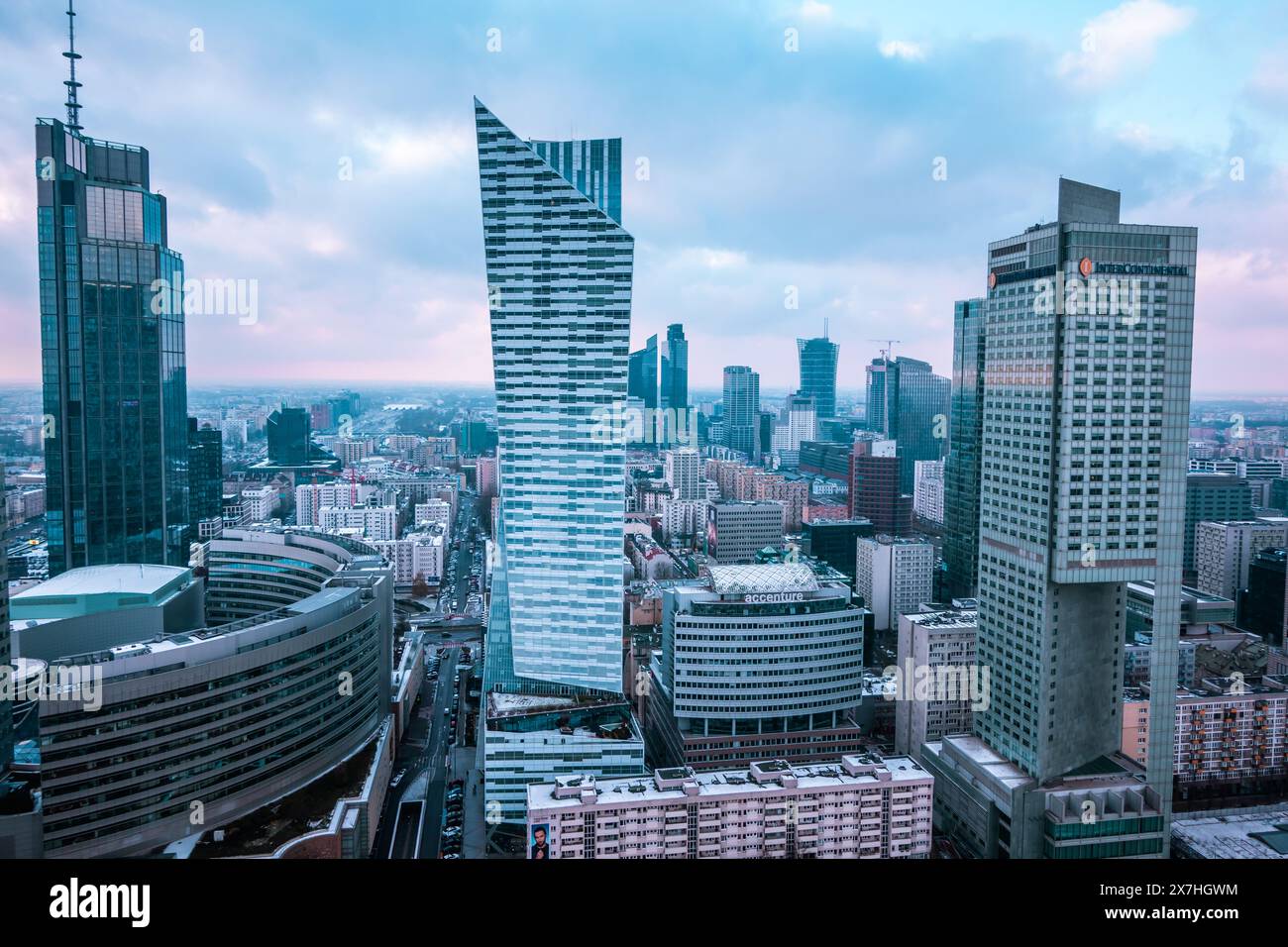 Panoramic view of modern buildings in central Warsaw, Poland seen from ...