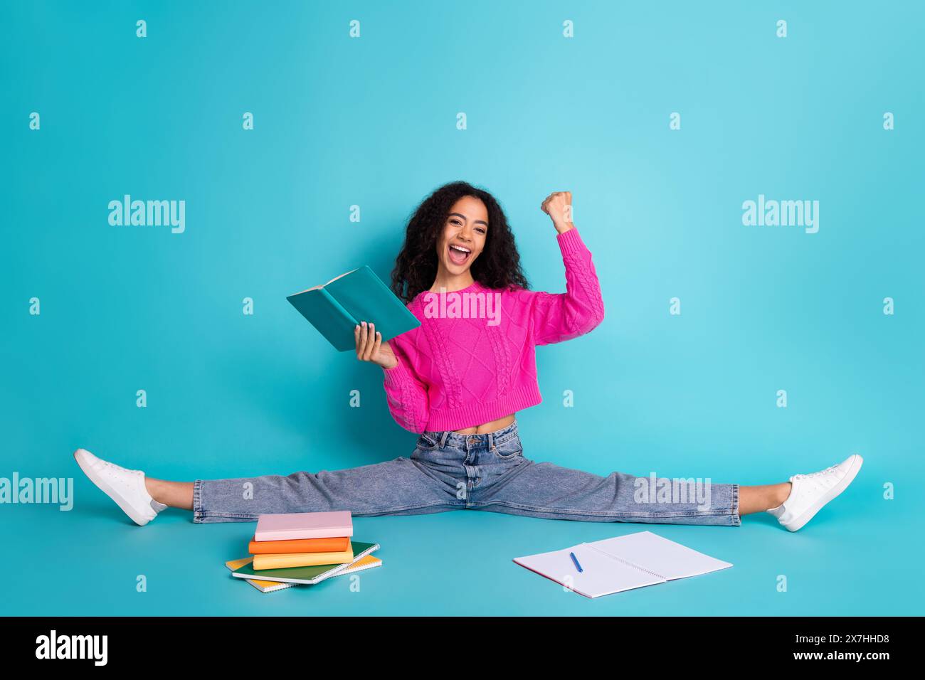 Full size photo of pretty teen girl split study read book winning wear ...