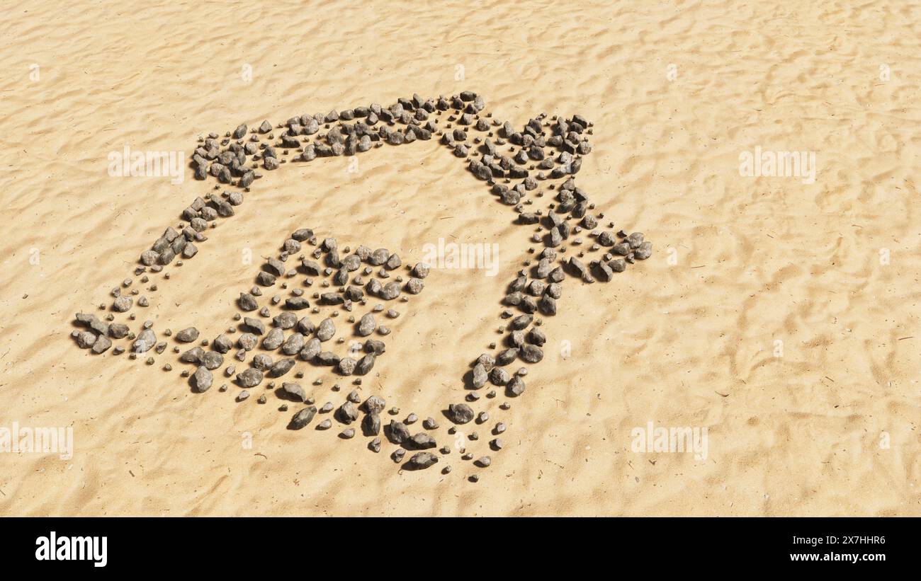 Concept conceptual stones on beach sand handmade symbol shape, golden ...