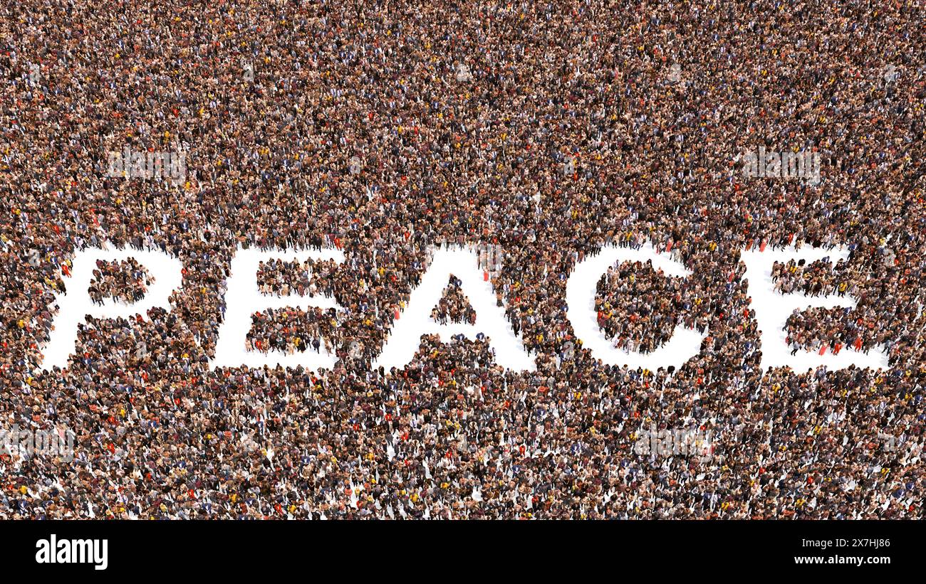 Concept conceptual large community of people forming the PEACE word. 3d ...