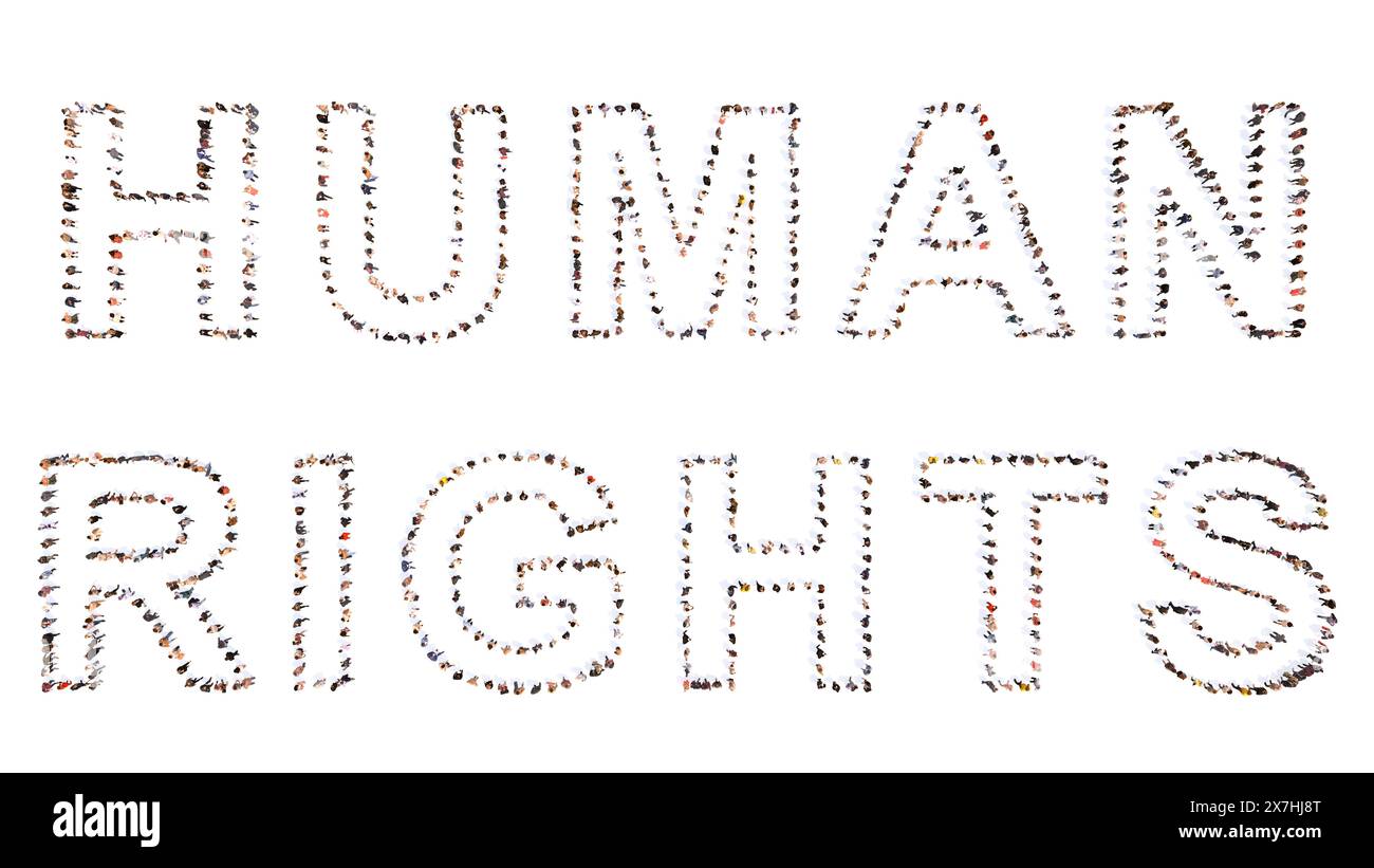 Conceptual large community of people forming HUMAN RIGHTS message. 3d ...