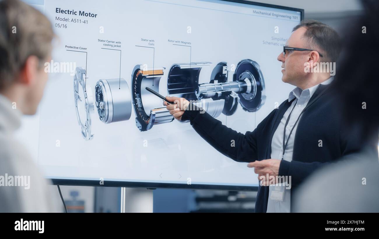 Chief Engineer Points at Television Screen and Talks About Green Energy ...