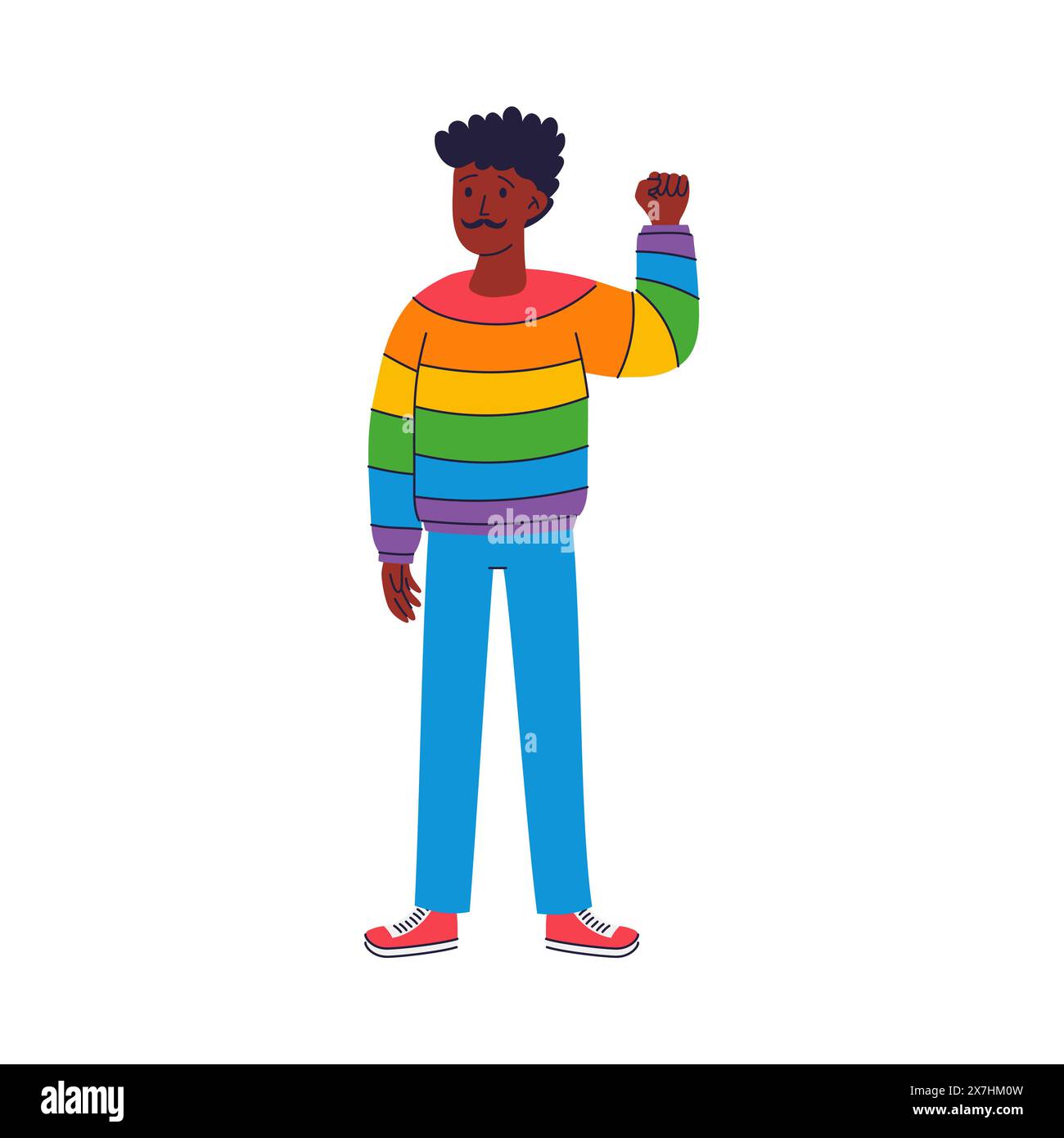A dark-skinned man in a rainbow shirt shows a clenched fist. A symbol ...