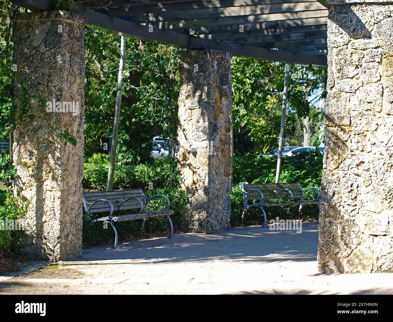 Benches in Ingraham Park in the old and affluent neighborhood of Coral ...