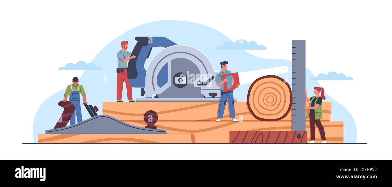 Tiny craftsmen with tools. Carpenters team workers saw, plan, measure ...