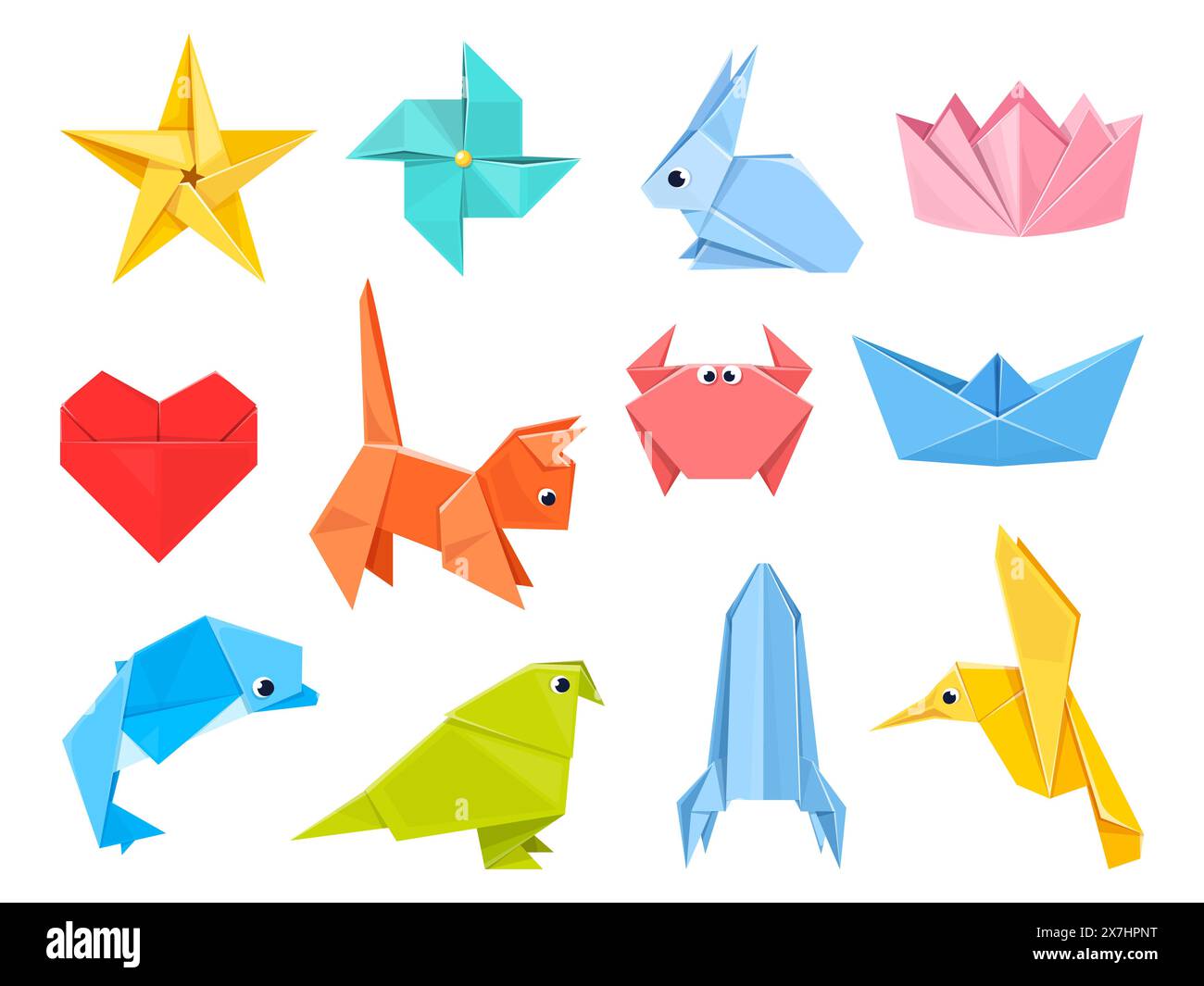 Colorful origami elements. Folded colored paper sheets, polygonal ...
