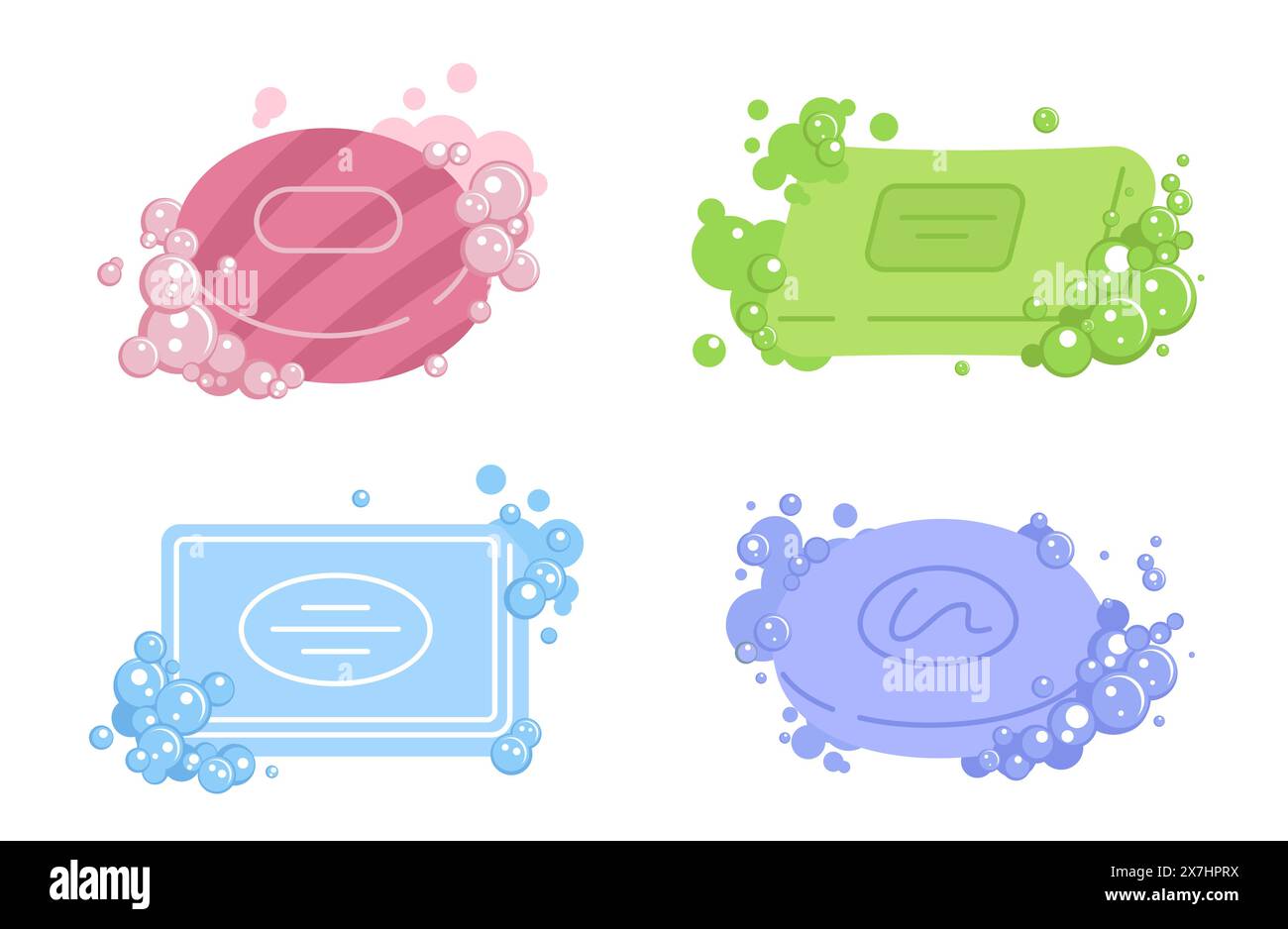 Cartoon slump soap with bubbles. Flat mini compositions with detergent ...