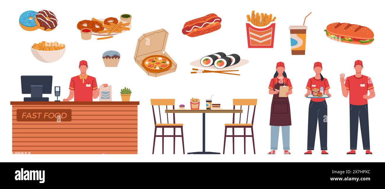 Cartoon fast food workers. Bistro waiters in uniform, cafe elements ...