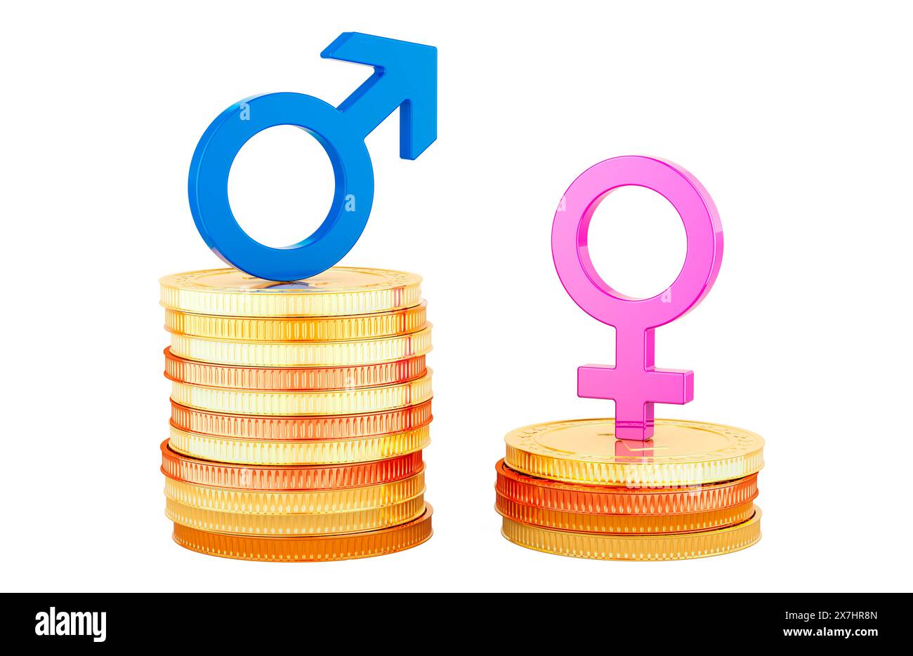 Gender pay gap, concept. Blue male gender symbol and pink female gender ...