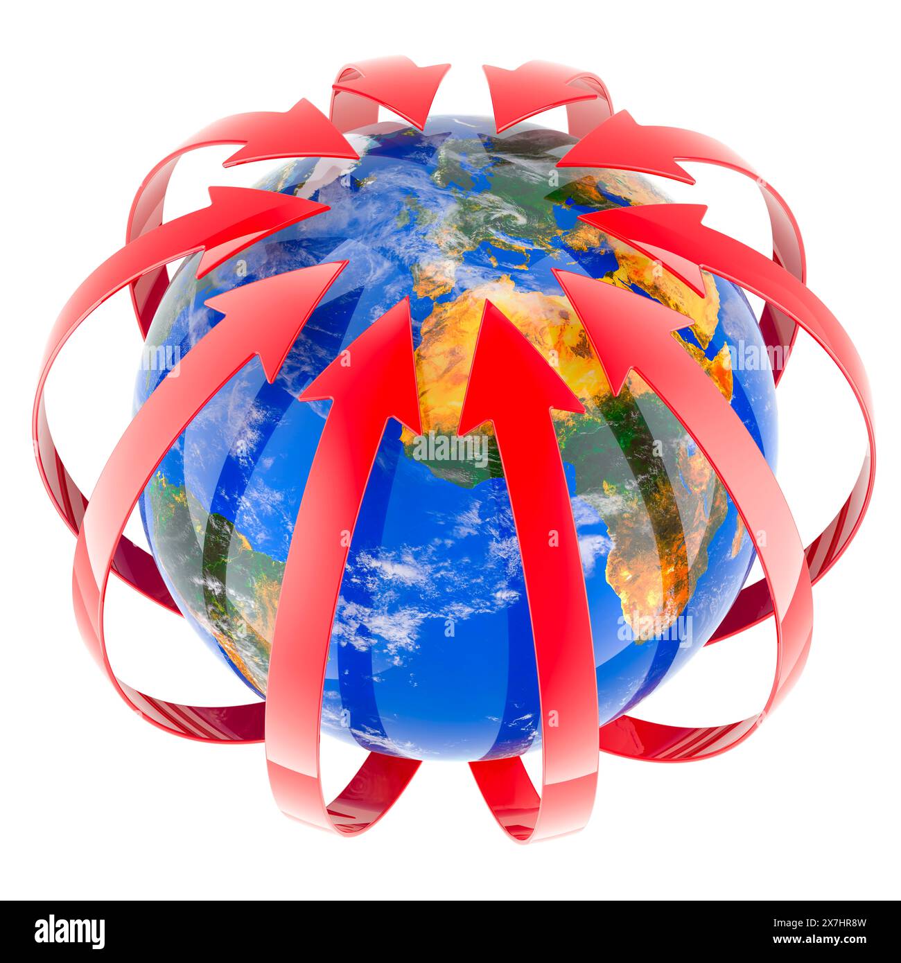 Earth Globe with red arrows around. 3d rendering isolated on white ...