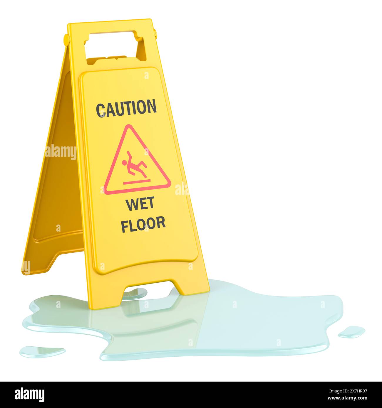 Puddle with Caution Wet Floor Sign, 3D rendering isolated on white ...